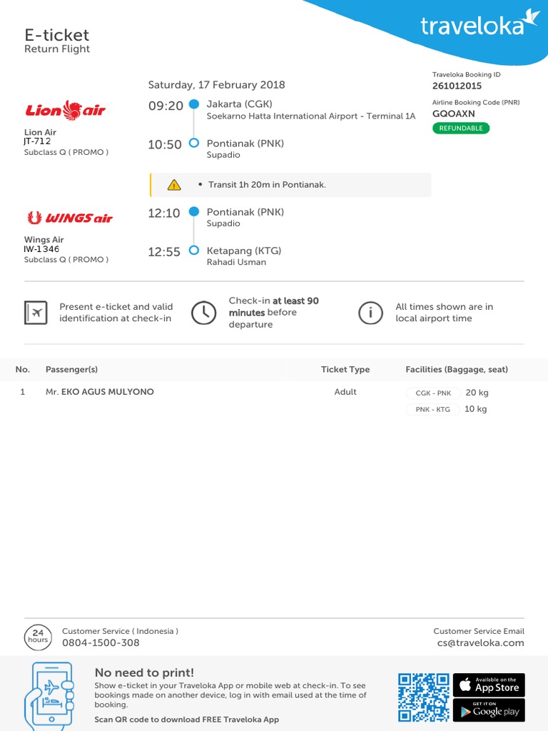 Return Flight from Jakarta to Ketapang via Pontianak: E-Ticket Details for Mr. Eko Agus Mulyono ...