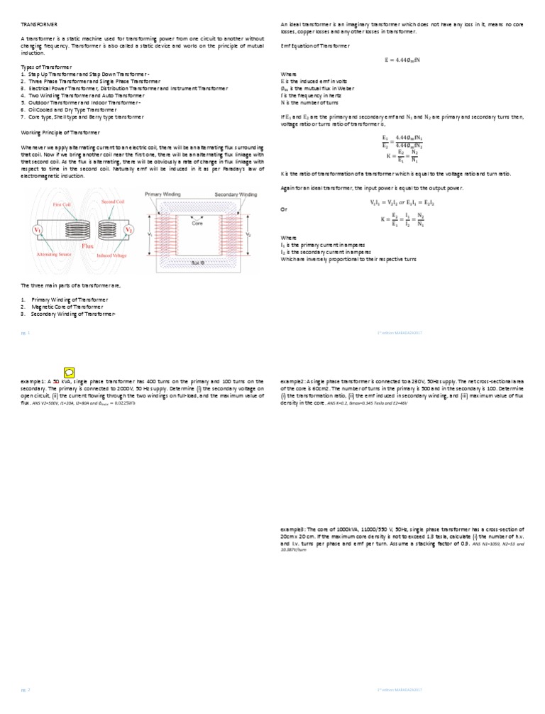 Notes On Transformer | PDF | Transformer | Electromagnetic Induction