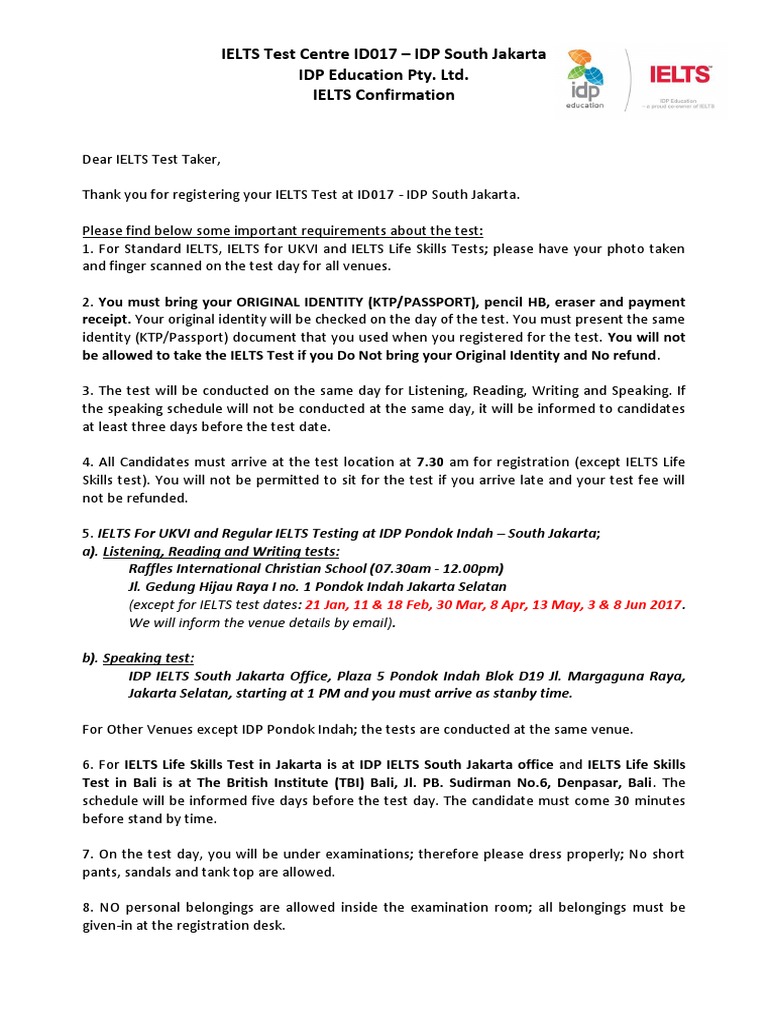 IELTS Test Confirmation - IDP South Jakarta | PDF | International ...