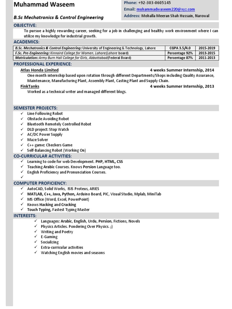 Muhammad Waseem's Resume Seeking a Mechatronics Engineering Position Utilizing His Knowledge and ...