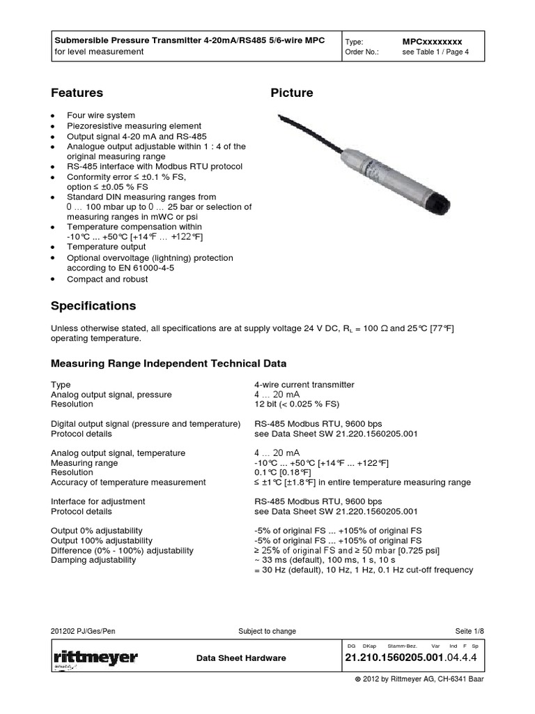Submersible Pressure Transmitter MPC Data Sheet | PDF | Electricity ...