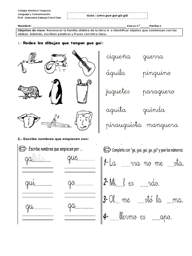 Ejercicios de Gue, Gui y Güe para Primaria | PDF
