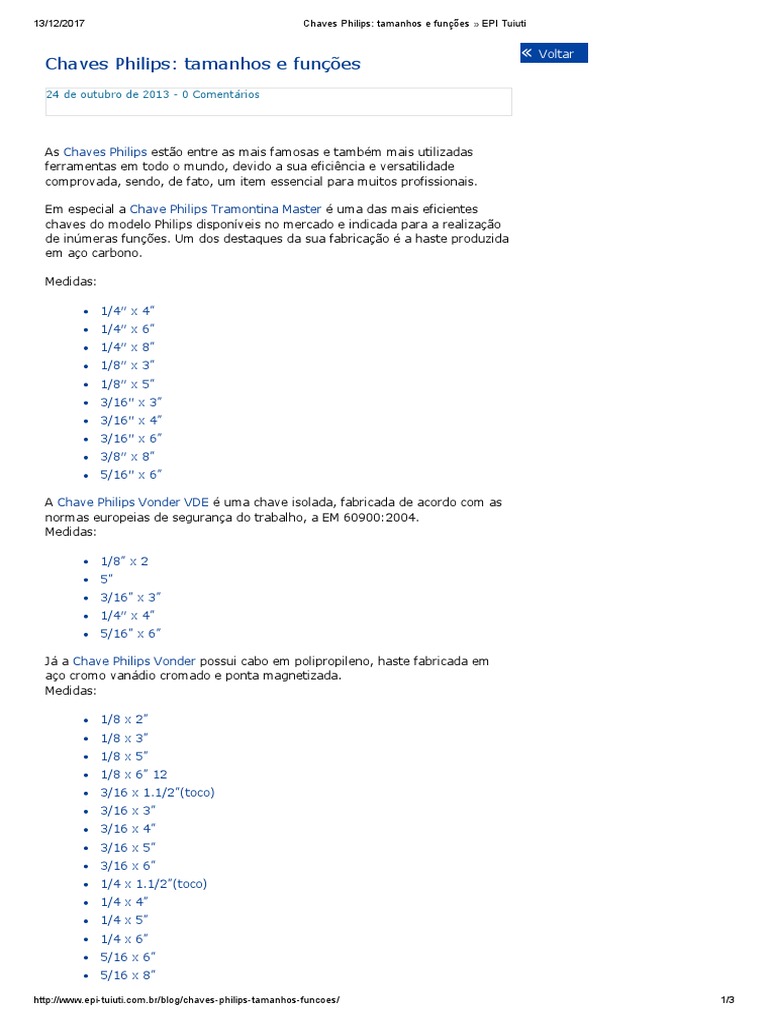 Chaves Philips - Tamanhos e Funções EPI Tuiuti | PDF | Esportes e ...