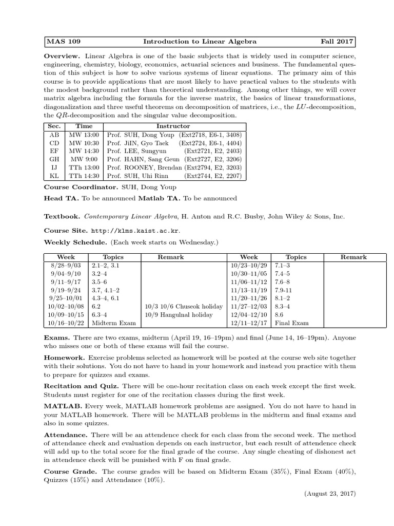 MAS109 Syllabus 2017fall | PDF | Test (Assessment) | Matrix (Mathematics)
