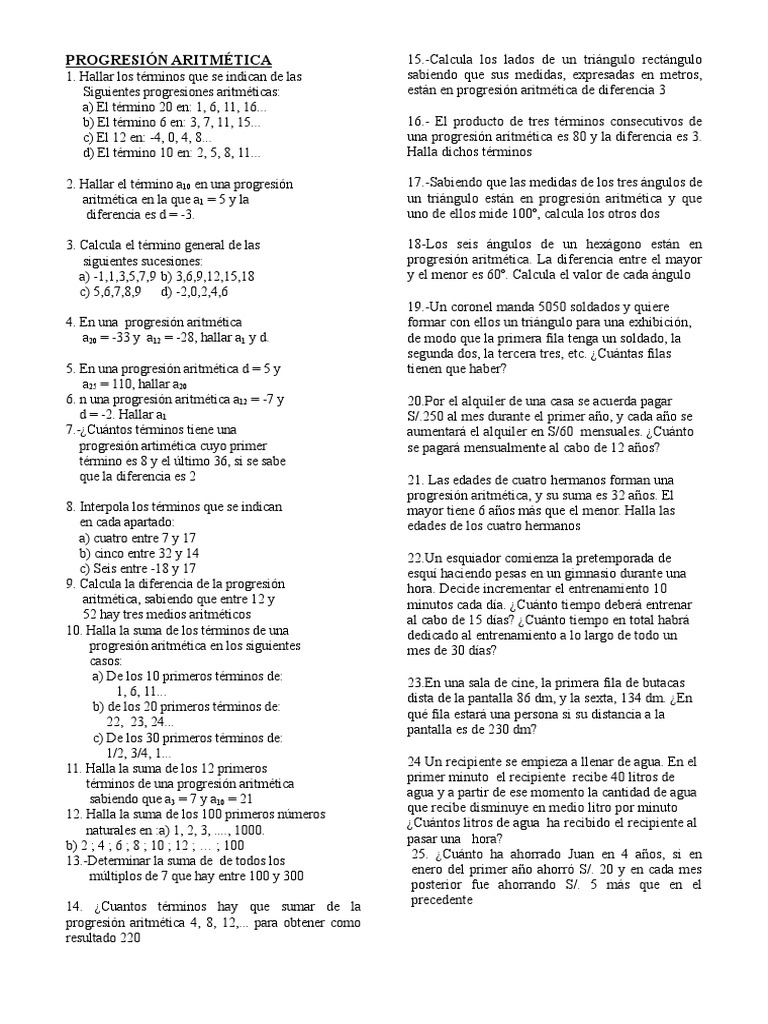 Practica de Progresiones Aritmeticas 2 Sec | PDF | Triángulo | Aritmética