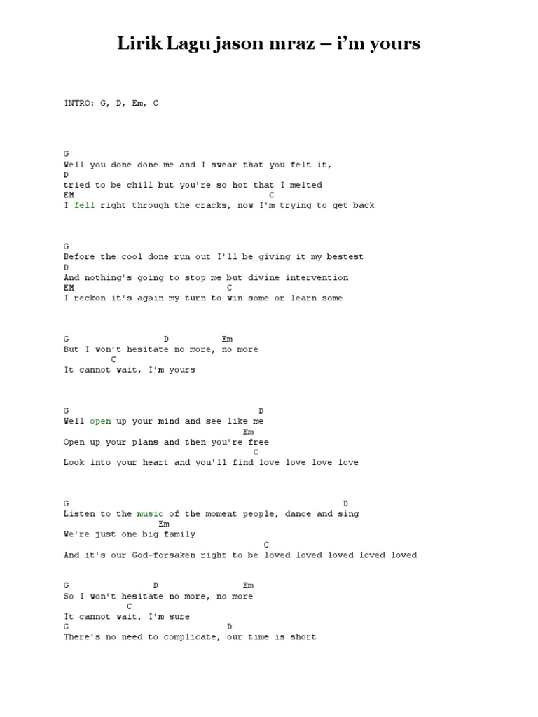 Lirik Lagu Jason Mraz - I'm Yours | PDF