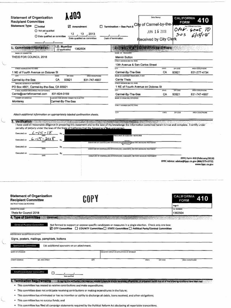 Theis 2018 Form 410 - Redacted & 501 | PDF | Post Office Box | Government