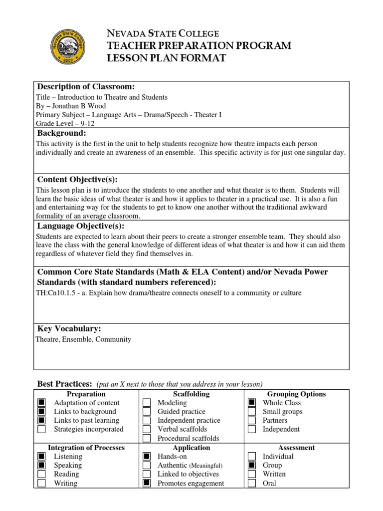 Lesson Plan Theatre 1 | PDF | Lesson Plan | Common Core State Standards ...