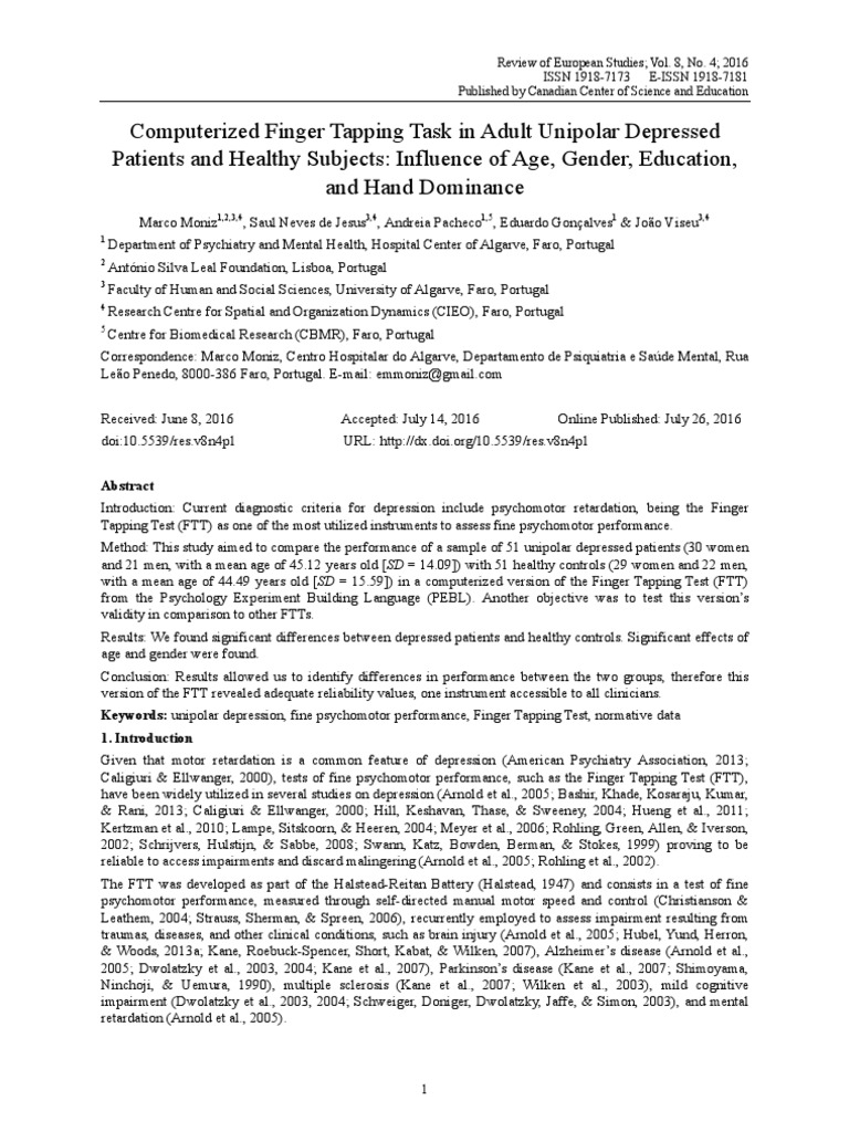Finger Tapping Test Averages | PDF | Psychological Evaluation | Major ...