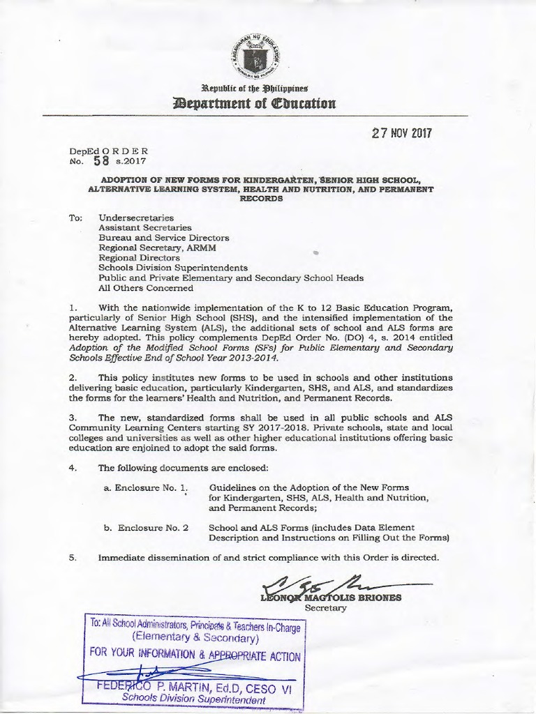 DepEd Memorandum No. 58 S. 2017 Adoption of New Forms for Kindergarten ...