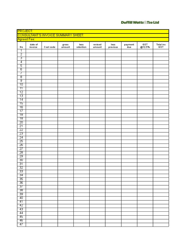 Consultants Invoice Summary Sheet | PDF