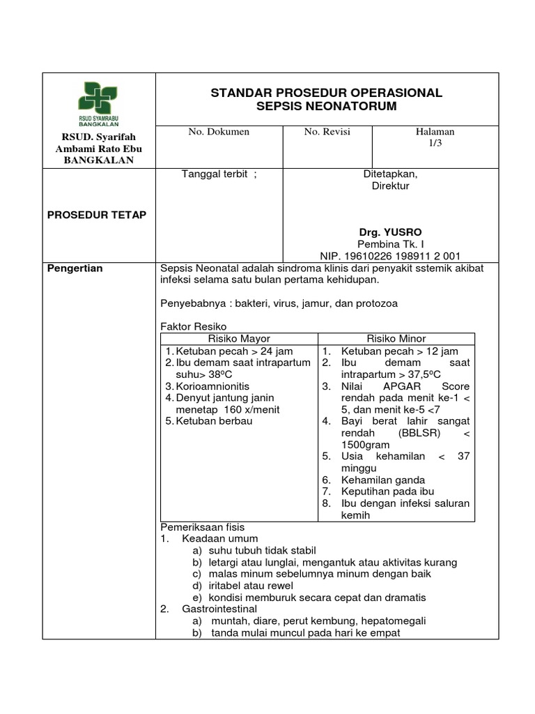 Sop Sepsis Neonatorum | PDF