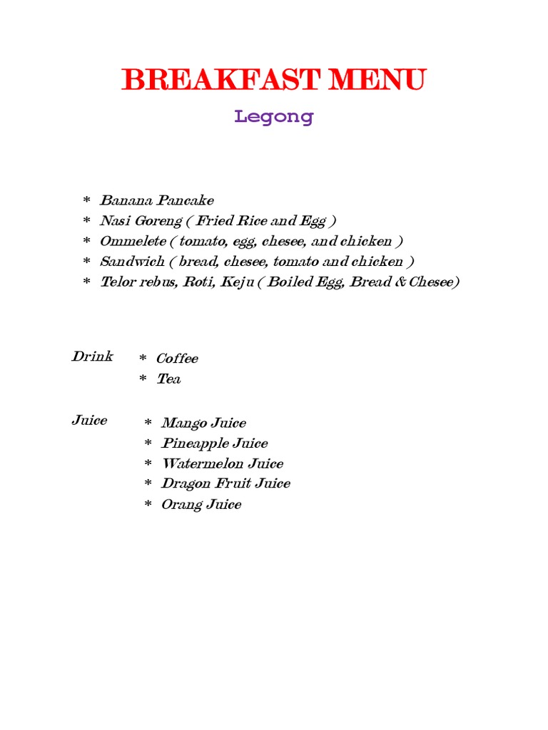 Breakfast Menu | PDF | Foods | Food And Drink Preparation