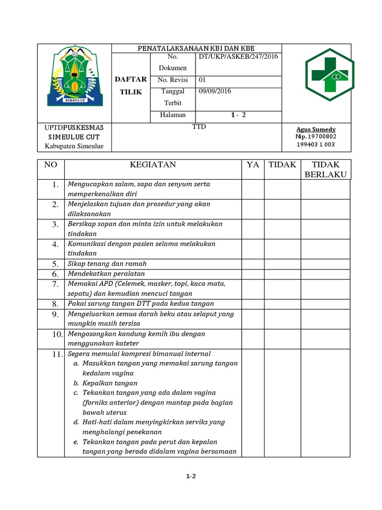 Daftar Tilik Penatalaksanaan Kbi Dan Kbe | PDF