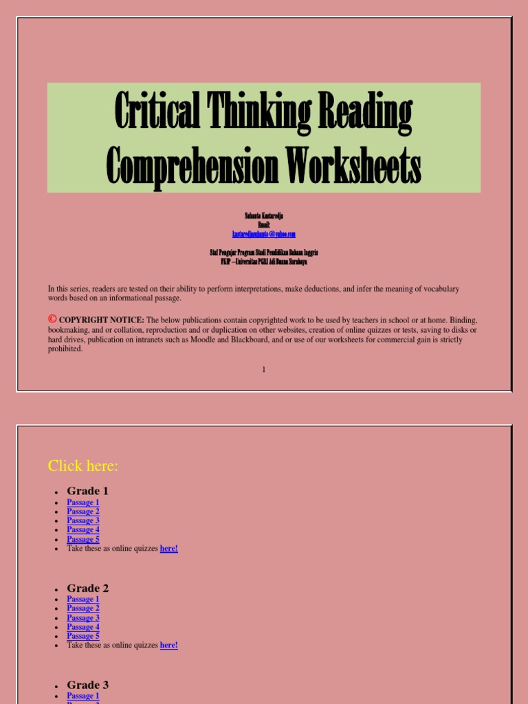 Critical Thinking Reading Comprehension Worksheets | PDF | Reading ...