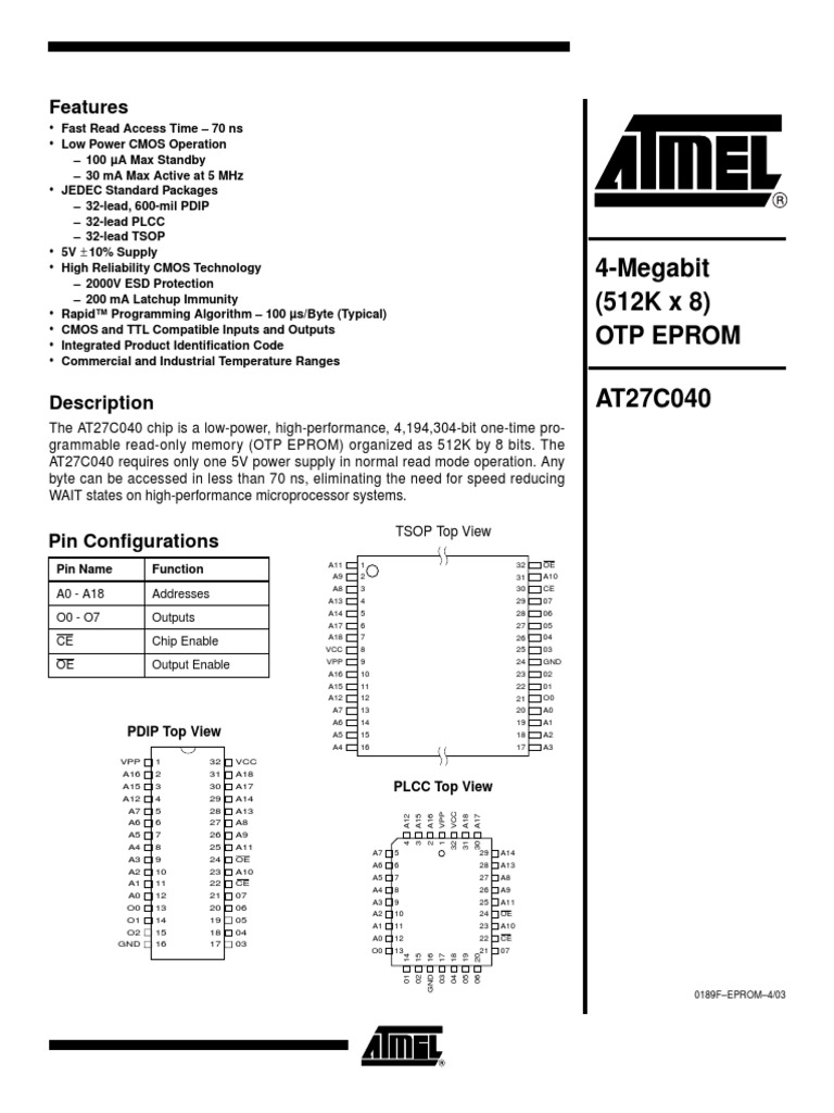 At 27C040 - Atmel | PDF | Capacitor | Computer Hardware