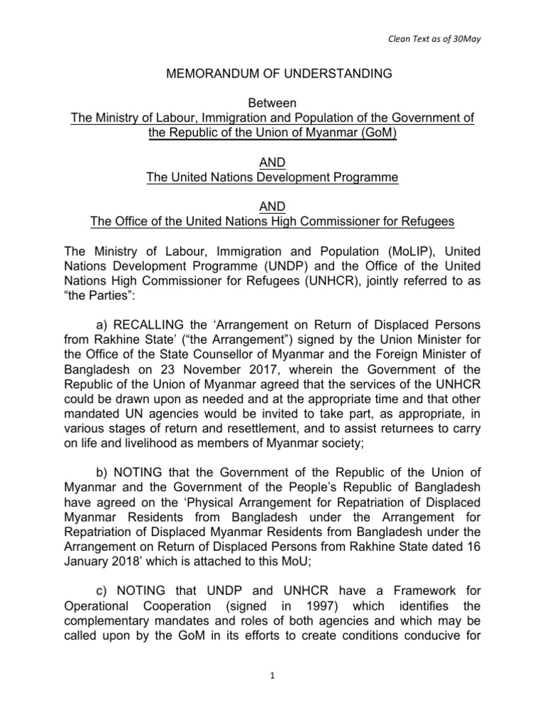 The MOU Between Myanmar Government and UNDP and UNHCR | PDF | United ...