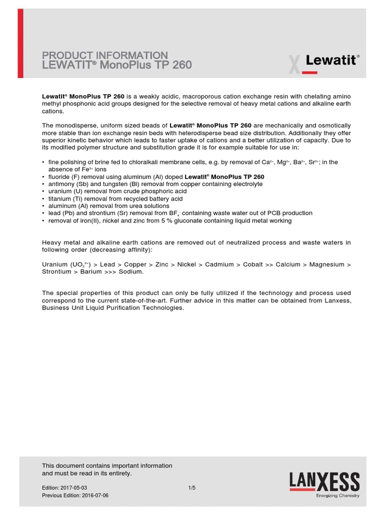 Lewatit Monoplus TP 260: Product Information | PDF | Ion Exchange | Lead