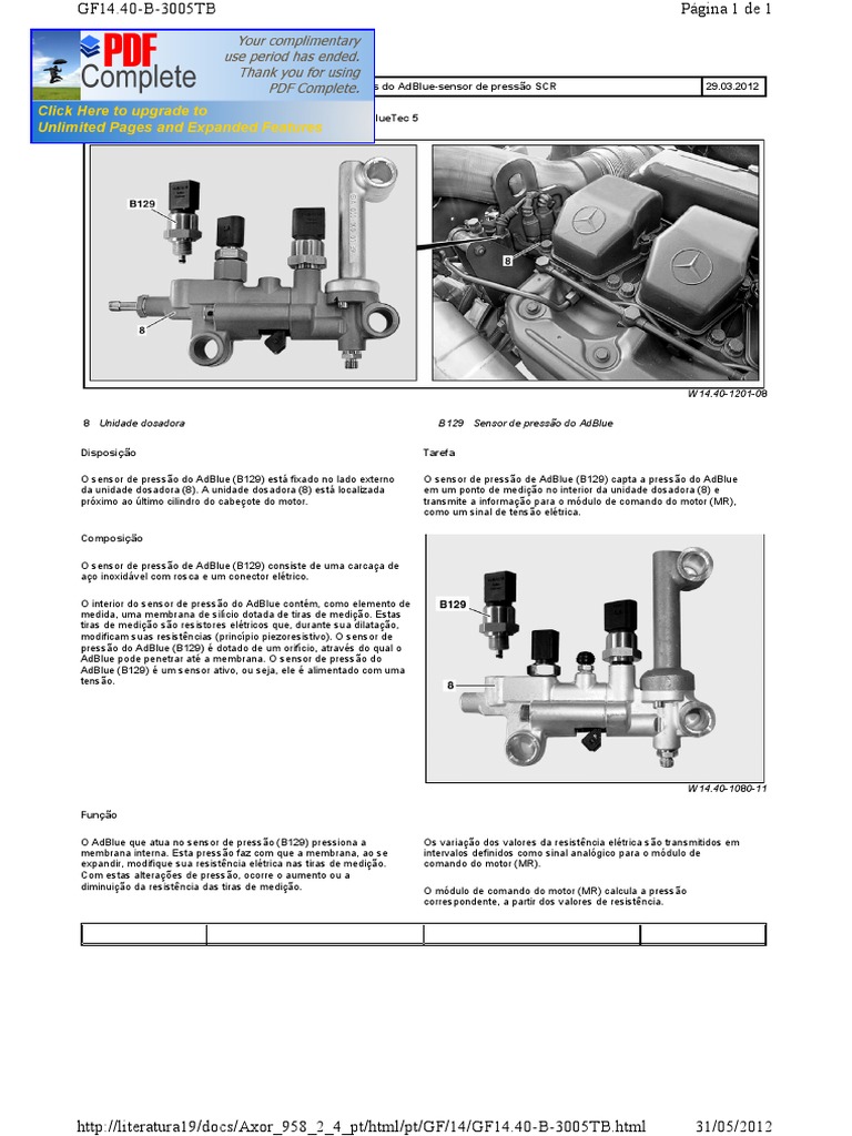 Descrição do sensor de pressão do AdBlue na unidade dosadora de um ...