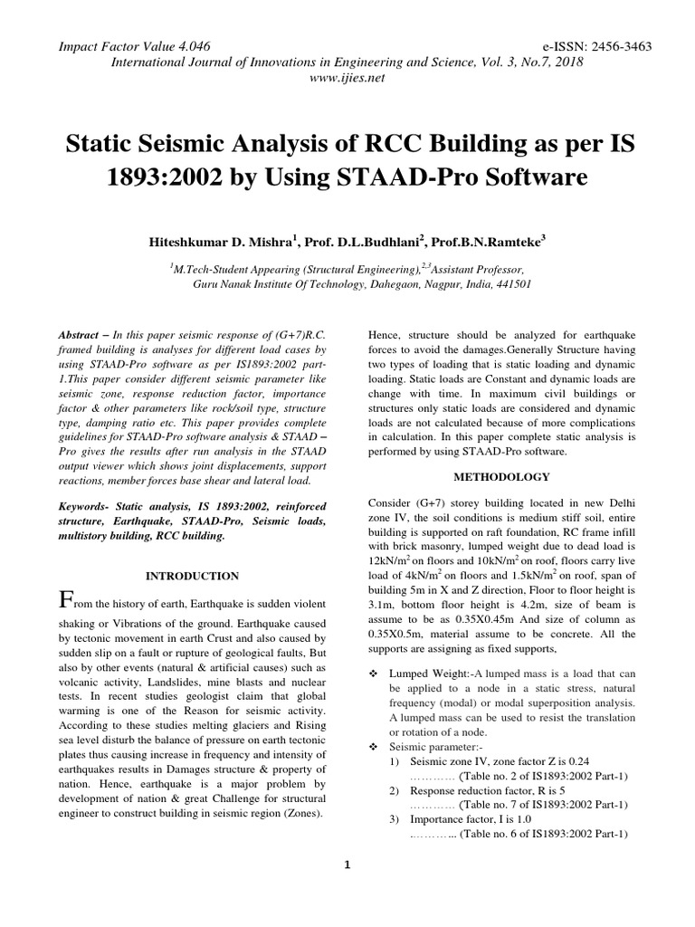 Static Seismic Analysis of RCC Building As Per Is 18932002 by Using ...