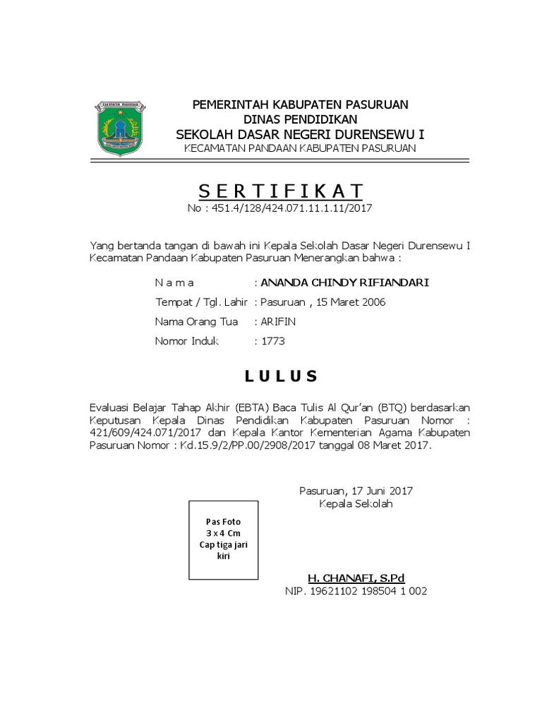 Sertifikat Rangking Kelas | PDF