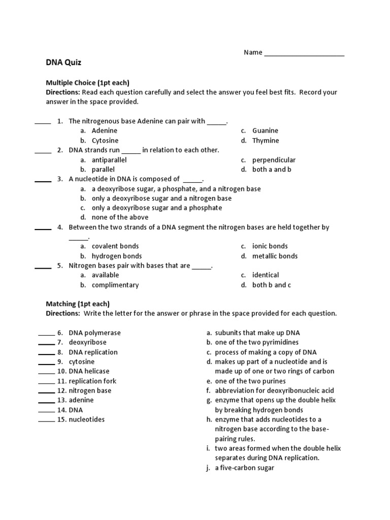 Dna Quiz PDF | PDF | Nucleotides | Dna