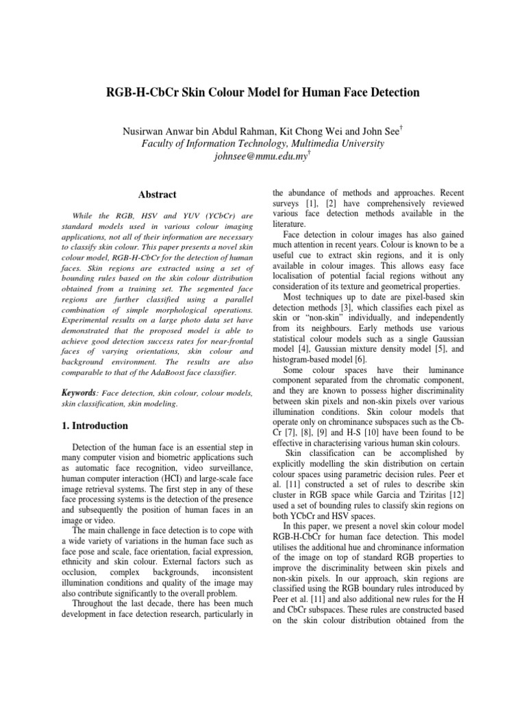 RGB-H-CBCR Skin Colour Model For Human Face Detection | PDF | Image ...