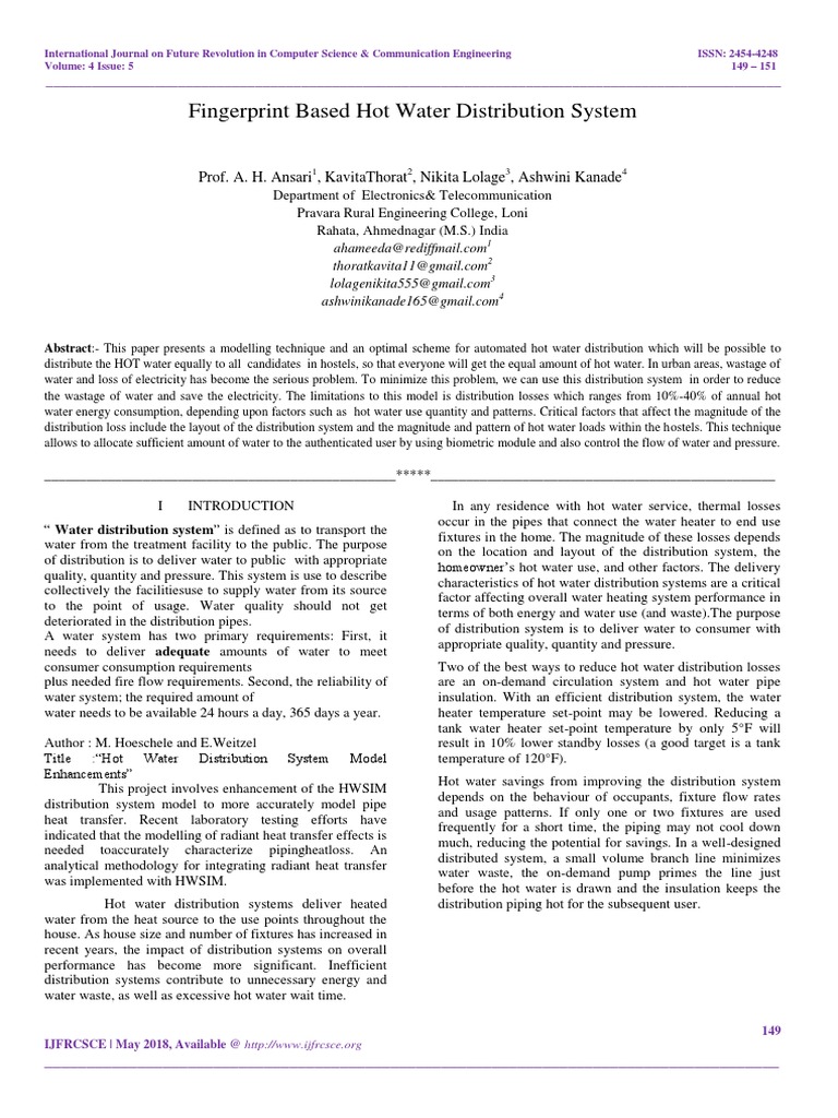 Fingerprint Based Hot Water Distribution System | PDF | Water Heating ...