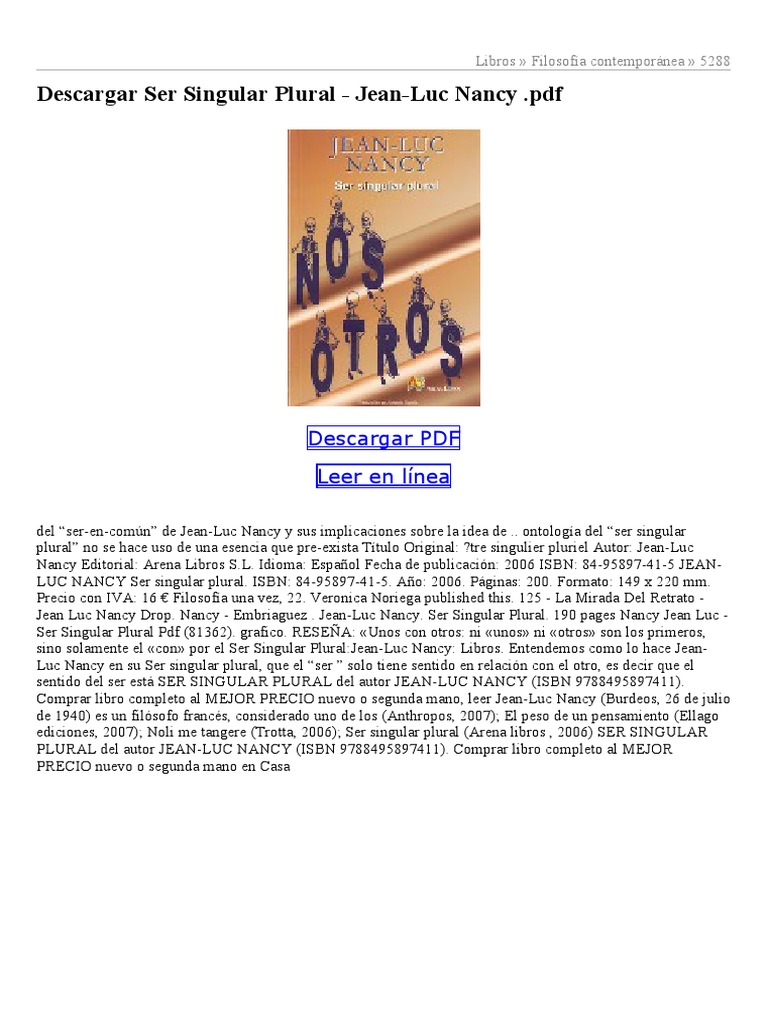 Ser Singular Plural de Jean-Luc Nancy | PDF | Ficción general