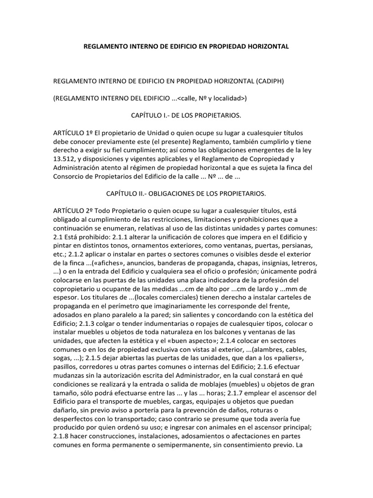 Reglamento Interno de Edificio en Propiedad Horizontal | PDF | Condominio | Instituciones sociales