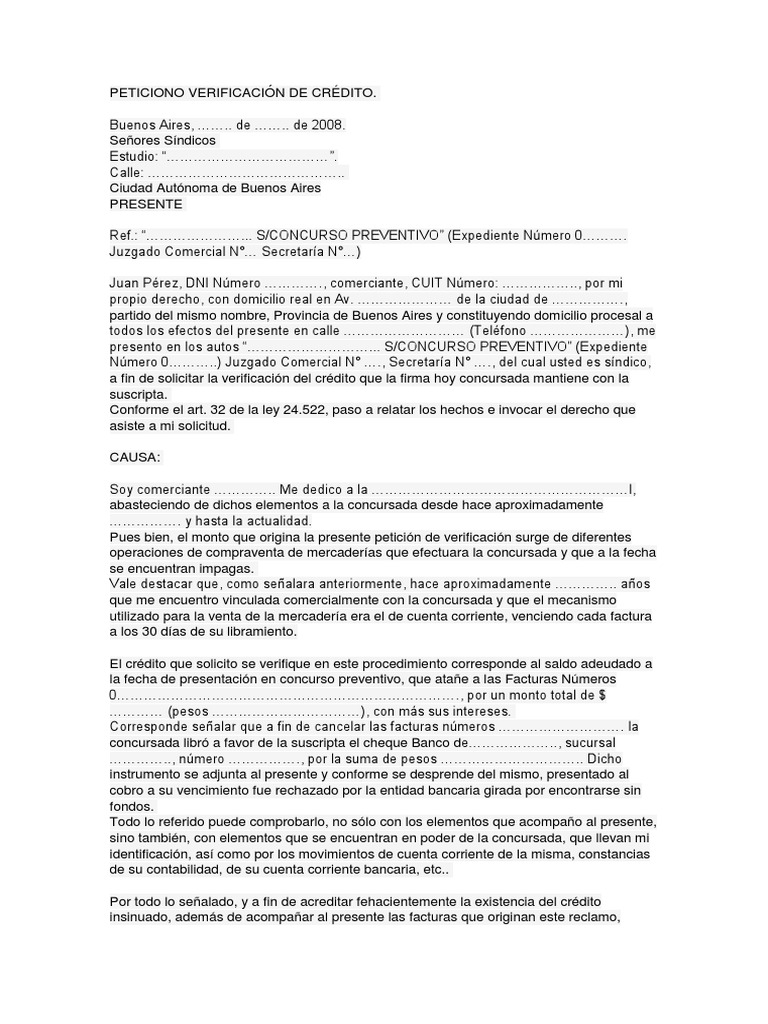 Modelo Verificacion de Credito en Concurso | Cheque | Bancos
