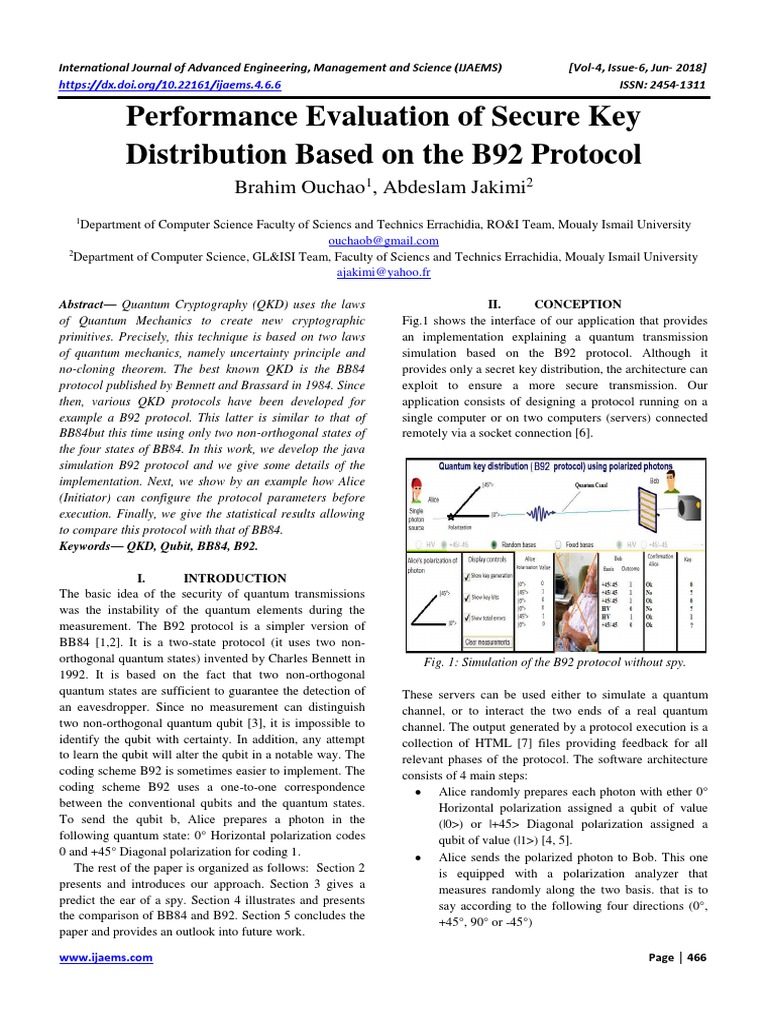 Performance Evaluation Of Secure Key Distribution Based On The B92 Protocol Download Free Pdf 