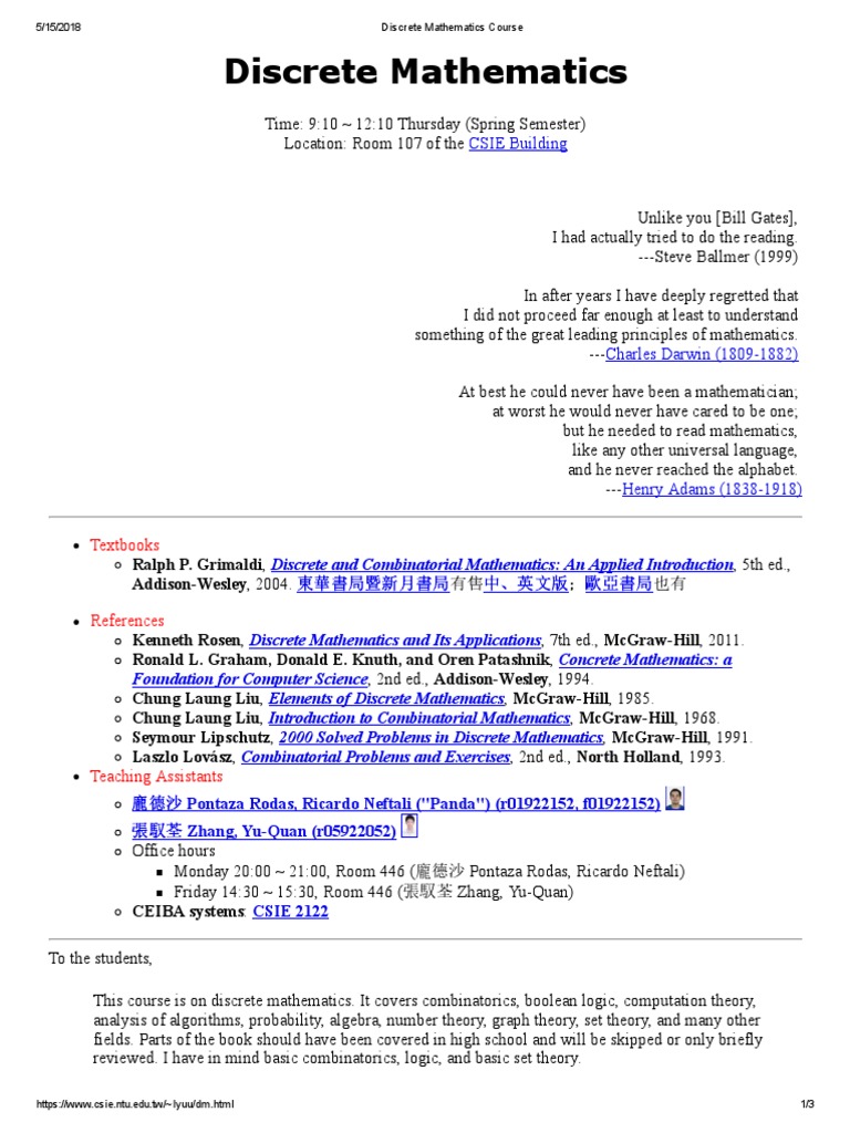 NTU Discrete Mathematics Course Info | PDF | Discrete Mathematics ...