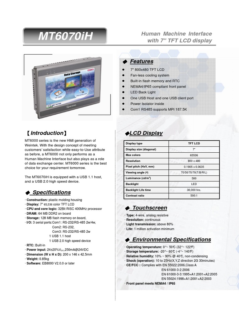 MT6070iH HMI Specifications Guide | PDF | Thin Film Transistor Liquid ...