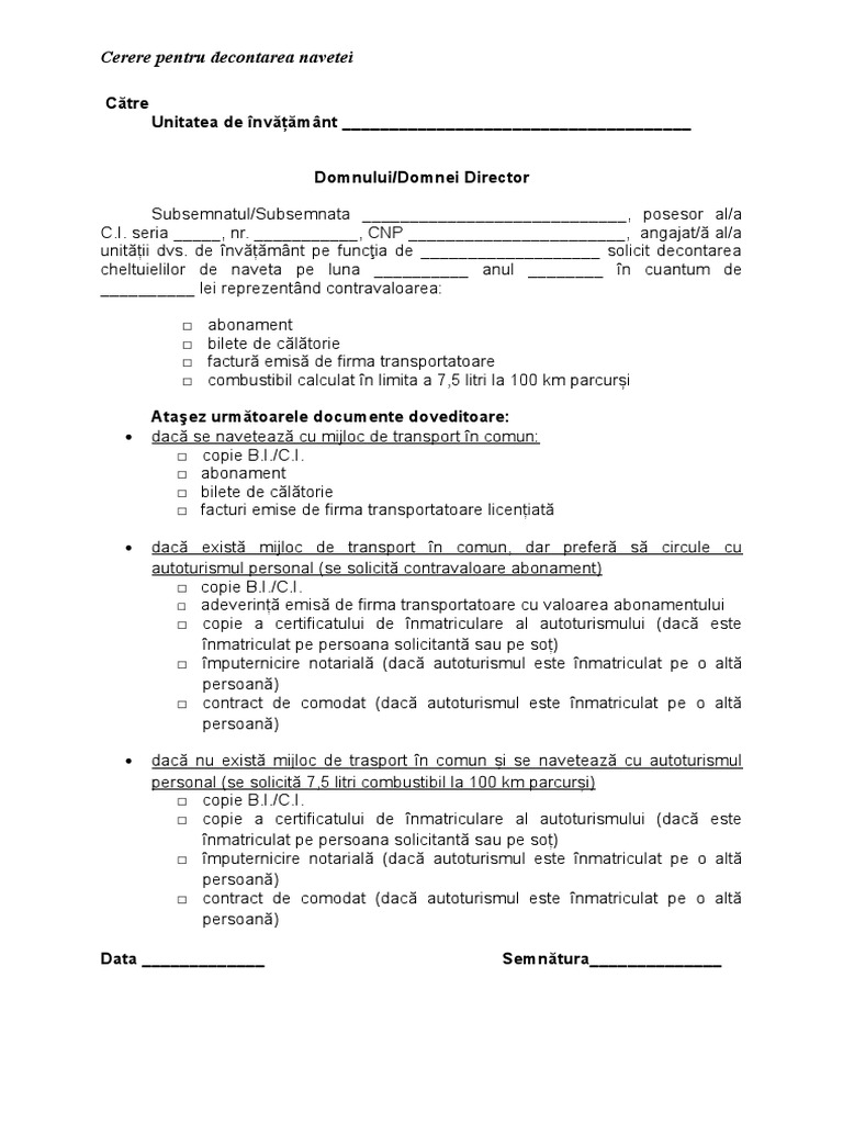 Model Cerere Decontare Naveta | PDF