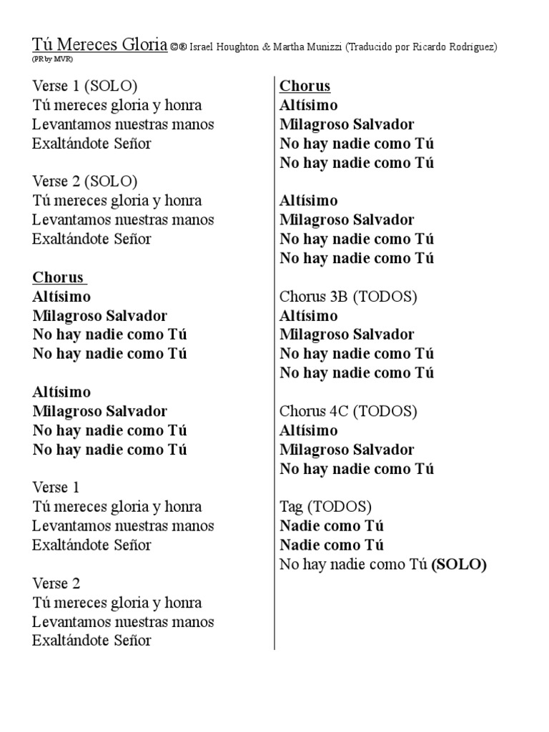 Tú Mereces Gloria (Lyrics) | PDF