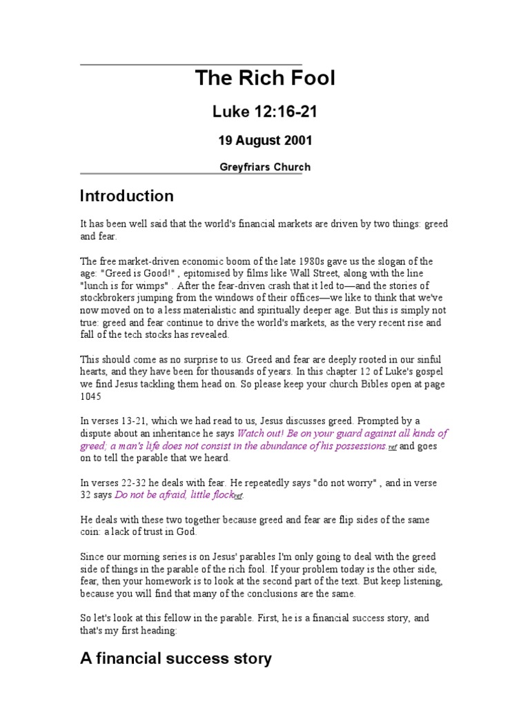 Summary of the Rich Fool Parable | PDF | Eternal Life (Christianity ...