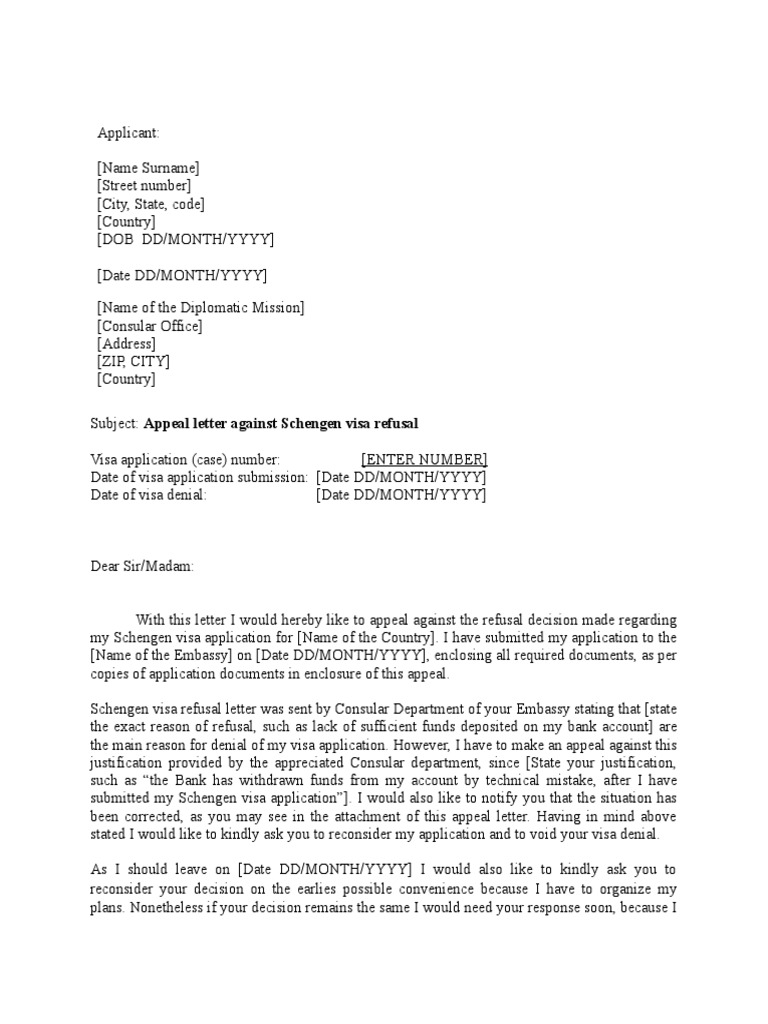 Schengen Visa Refusal Appeal Letter | PDF