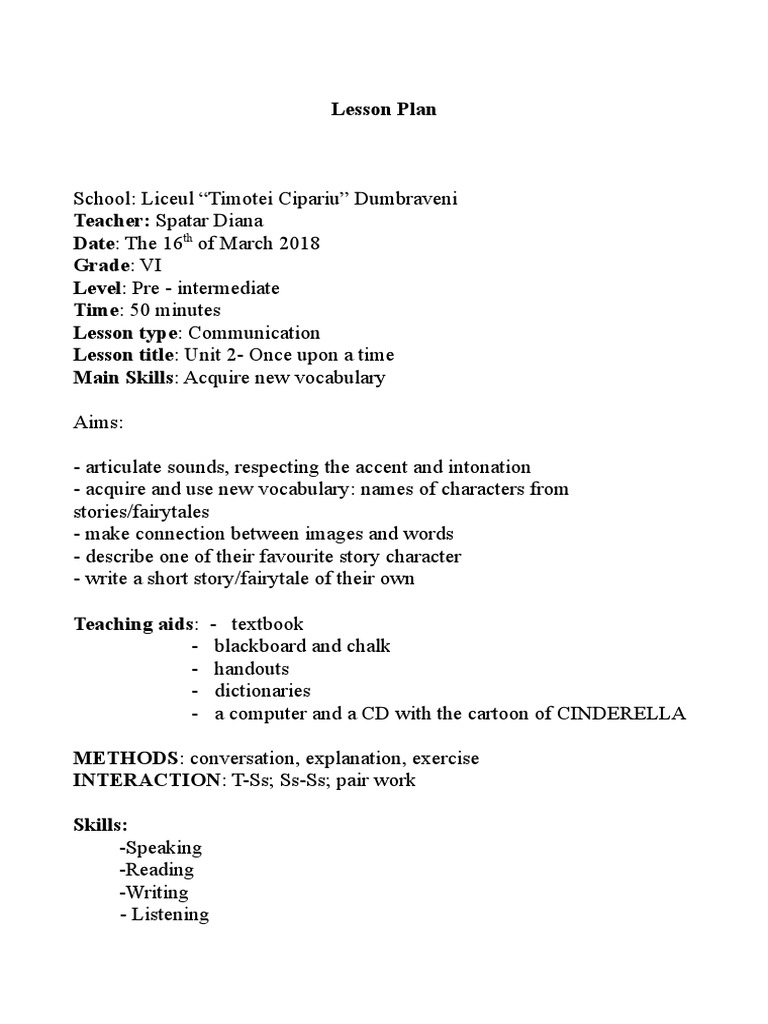 Lesson Plan Optional Once Upon A Time | PDF | Vocabulary | Homework