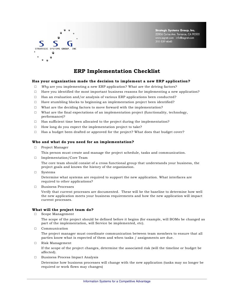 Erp Implementation Checklist Pdf Enterprise Resource Planning