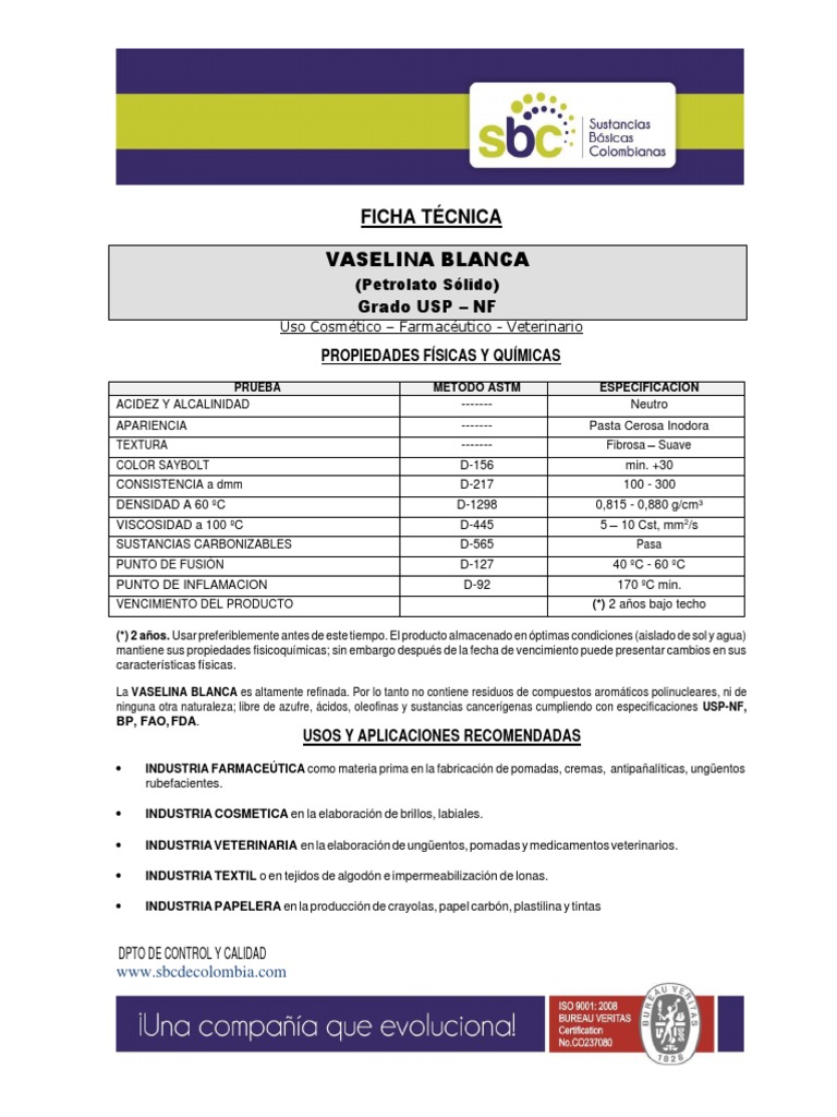 Ficha Técnica de Vaselina Blanca USP | PDF | Papel | Materiales