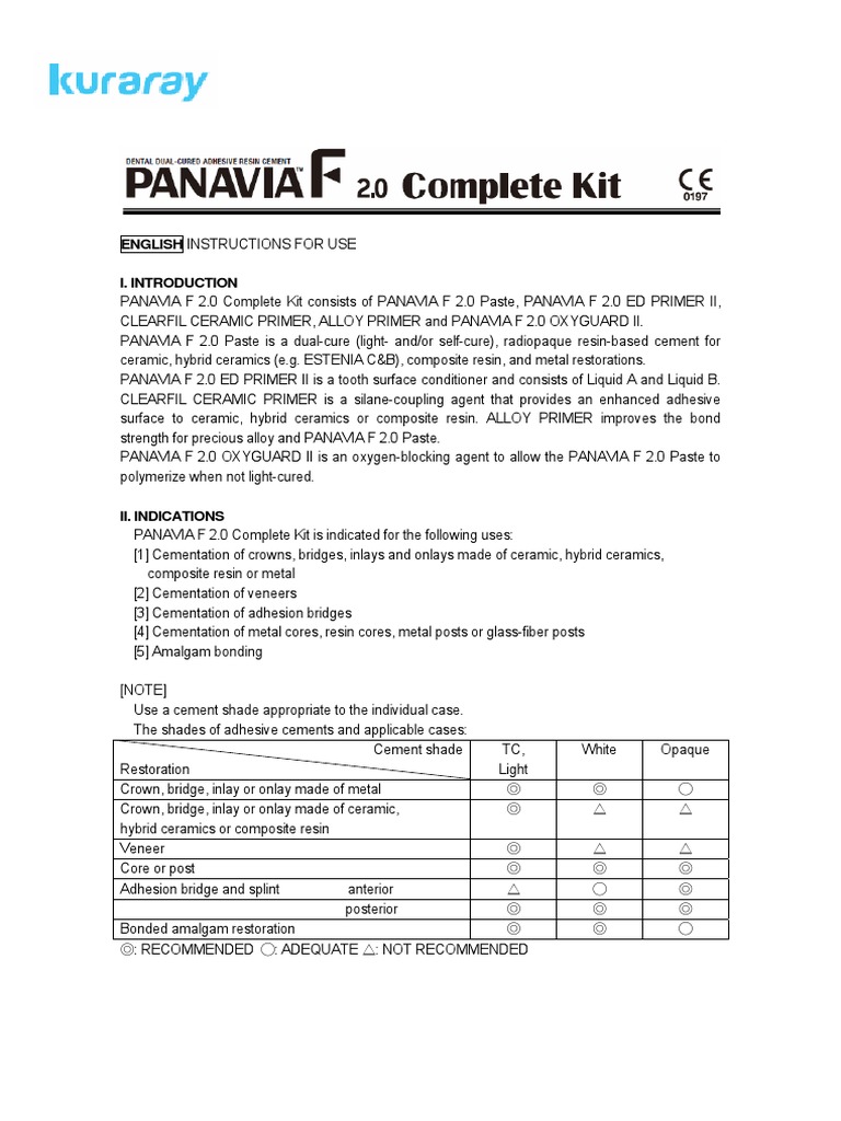 PANAVIA F 2.0 Complete Kit Guide | PDF | Dental Composite | Adhesive