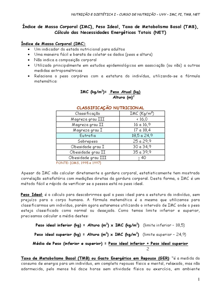 5 - PI, IMC, TMB, NET Ok - 20171018-0833 | PDF | Índice de massa corporal | Obesidade