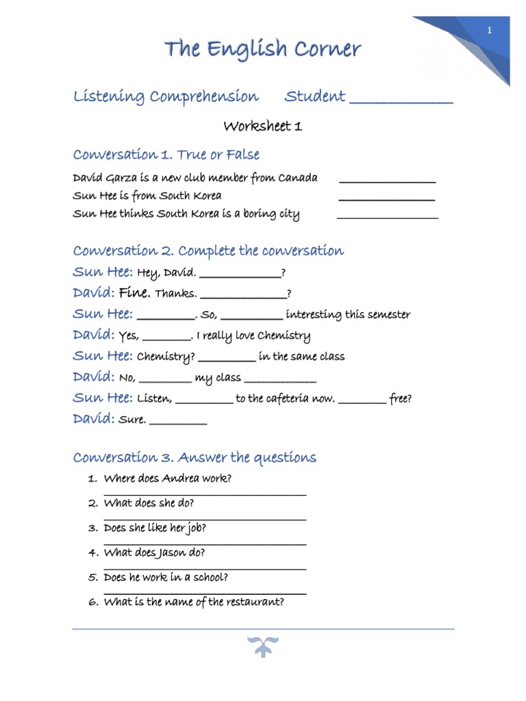 Conversation Worksheets Listening Comprehension Worksheets | PDF