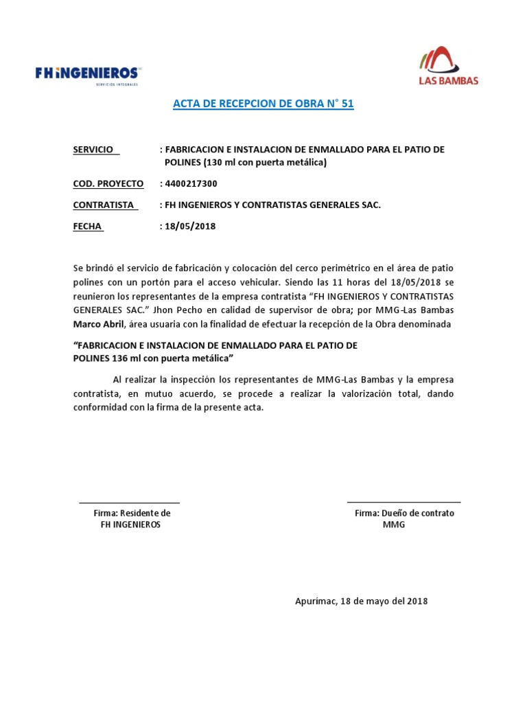 Acta de Repción de Obra Servicio y Reubicacion de Documentos | PDF