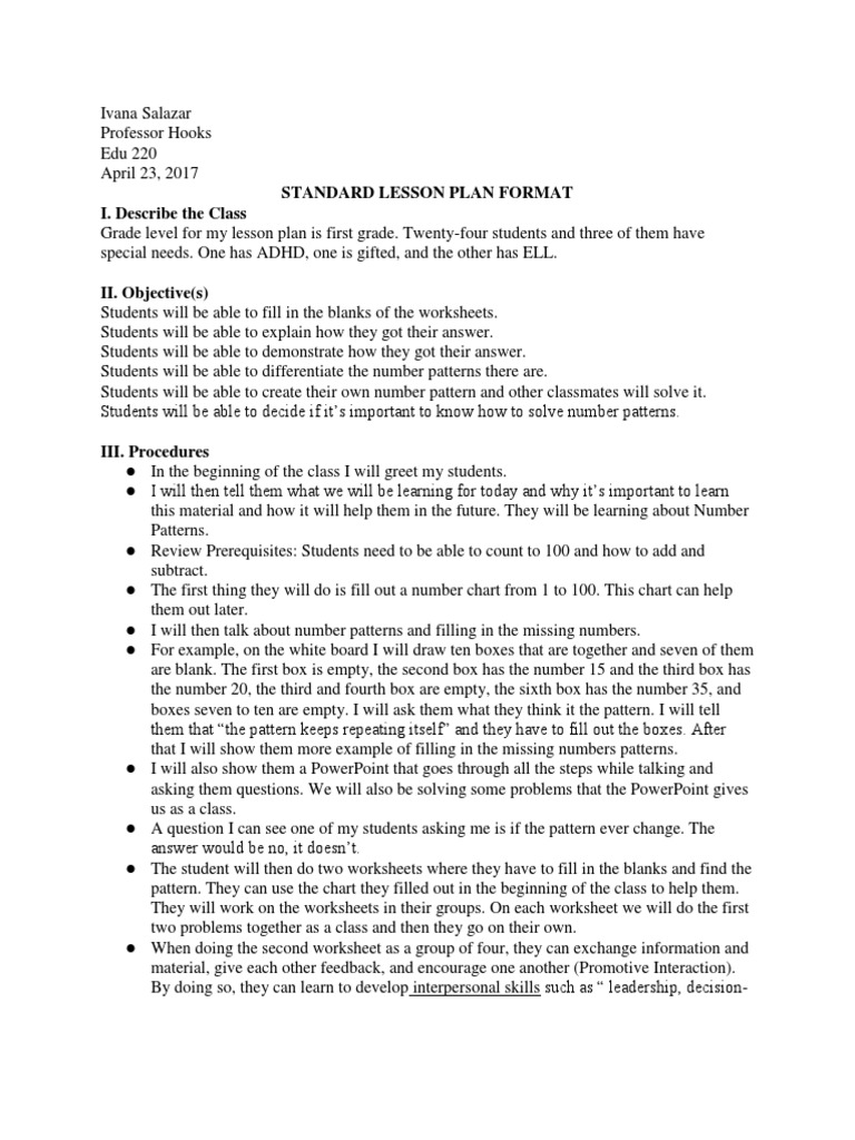 Standard Lesson Plan Format I. Describe The Class | PDF | Lesson Plan ...