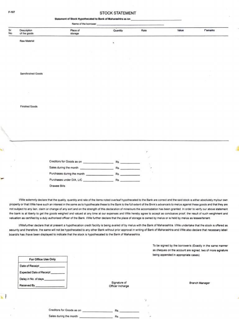 Stock Statement Format Bank of Maharashtra | Valuation (Finance) | Banks