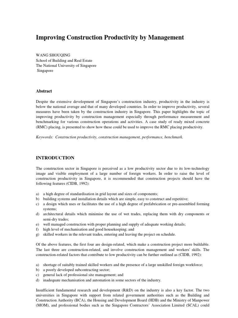 Improving Construction Productivity by Management | PDF | Benchmarking ...