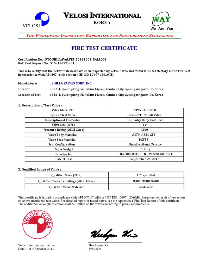 Fire Test Certificate Summary | PDF | Valve | Gas Technologies