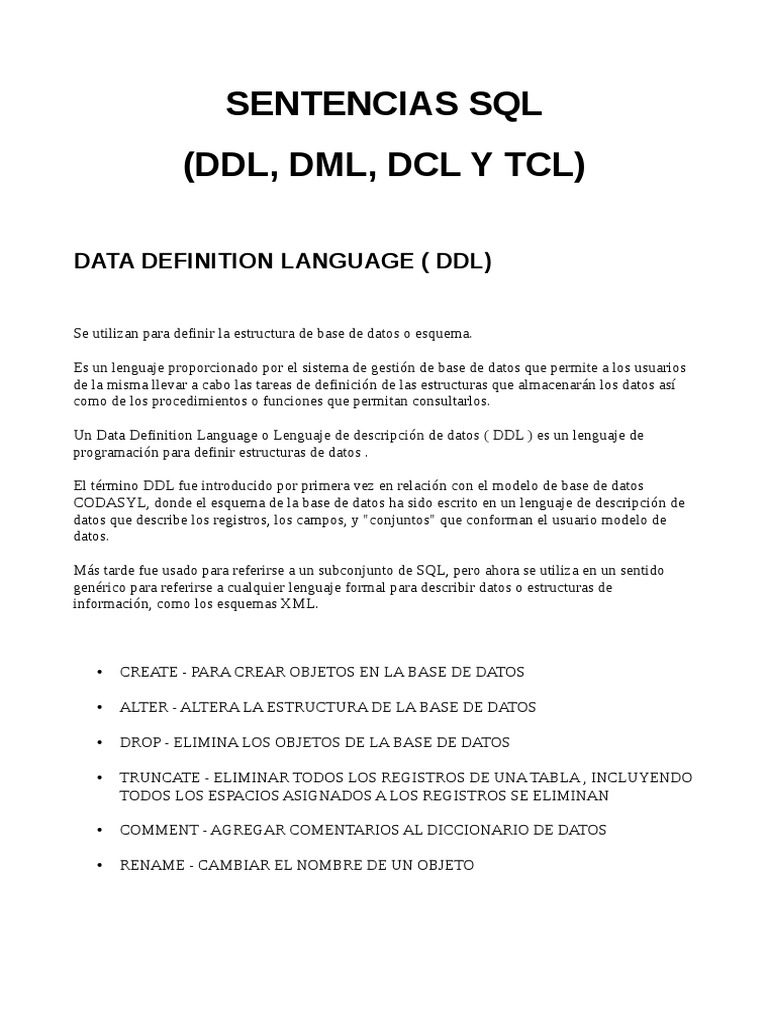 DDL DML DCL TCL | PDF | SQL | Gestión de datos